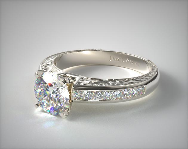 Platinum Engraved Princess Shaped Channel Set Diamond Engagement Ring ...